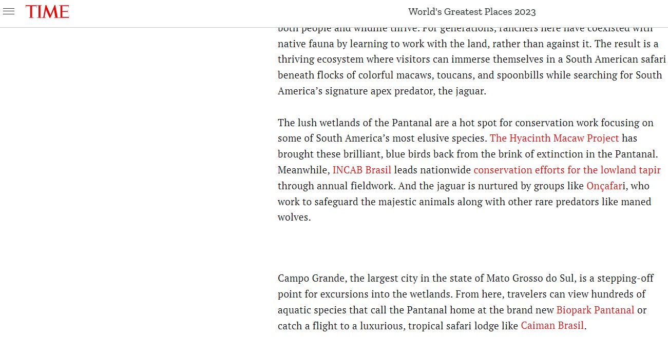 Bioparque Pantanal entra na lista anual dos melhores lugares do mundo da TIME – EPE Segov